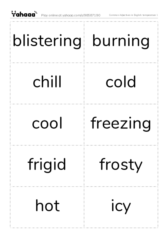 Common Adjectives in English: temperature 1 - worksheets PDF | Yahaaa!