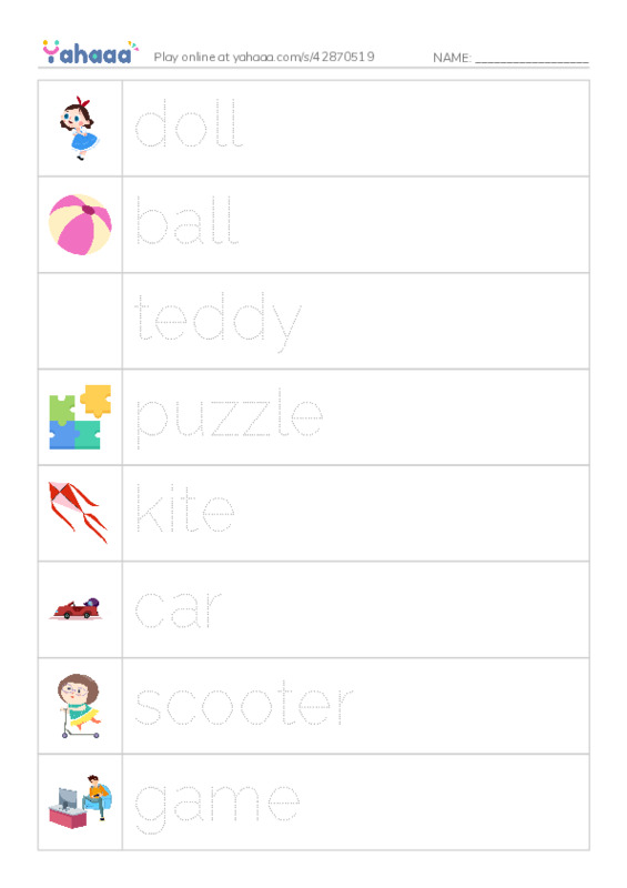 Free worksheet on Unit 2: Playtime! - One column image words | Yahaaa!
