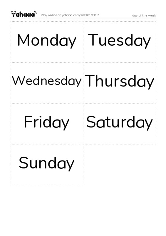 Free worksheet on day of the week - Two columns flashcards | Yahaaa!