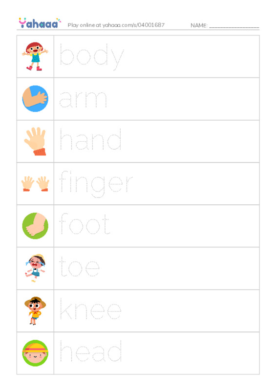 Free worksheet on body part - One column image words | Yahaaa!