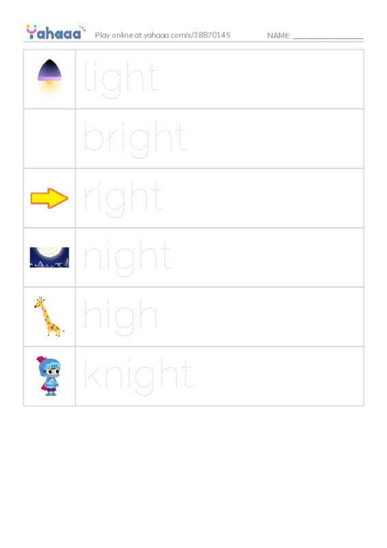 Free worksheet on igh phonics - One column image words | Yahaaa!