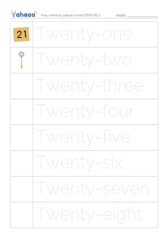 Free worksheet on BG. Numbers 21-40 - One column image words | Yahaaa!