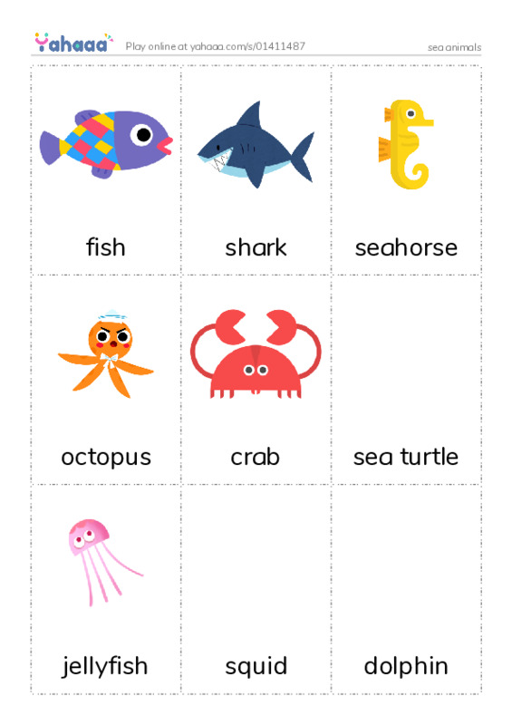 Free worksheet on sea animals - Flaschards with images | Yahaaa!