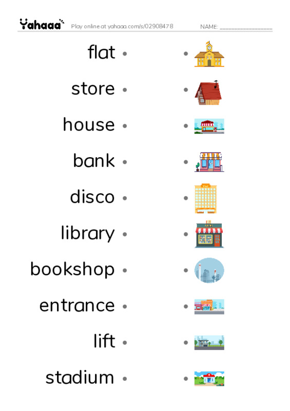 Free worksheet on Places and Buildings - Link match words | Yahaaa!