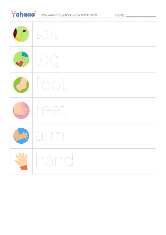 Free worksheet on kb 1 legs and tails - One column image | Yahaaa!