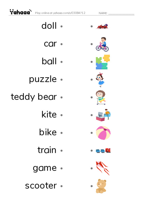 Free worksheet on TOYS - Link match words worksheet | Yahaaa!