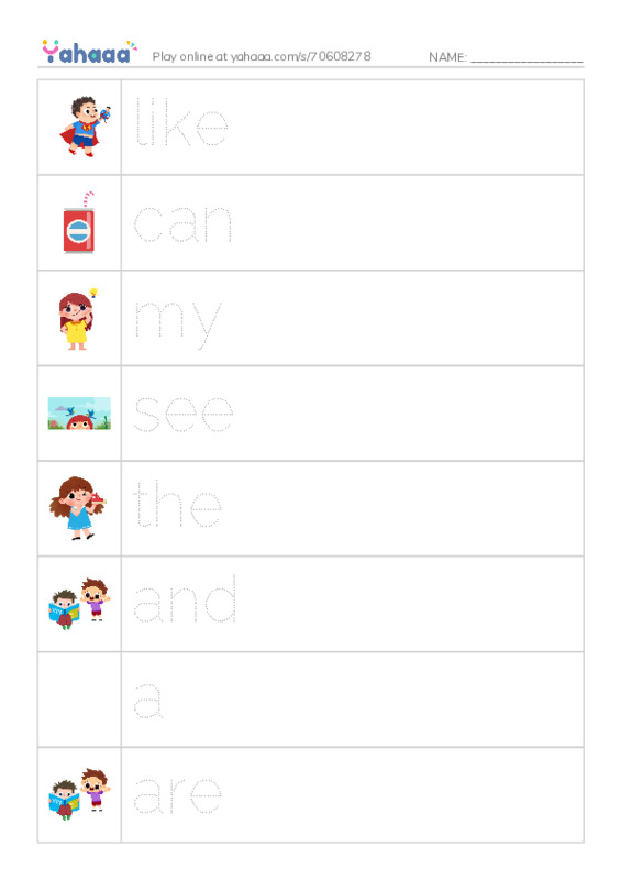 Free worksheet on Sight Words - One column image words | Yahaaa!